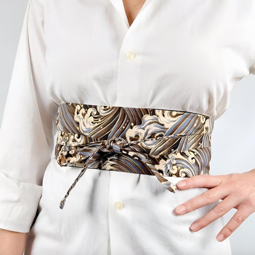 Brown Japanese Wave Pattern Obi Belt, Akio Model | Belt Boutique